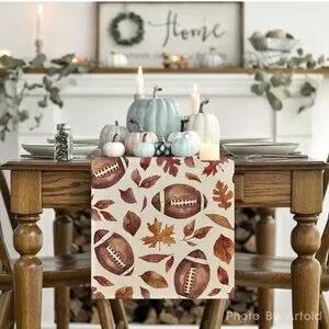 Dining | Fall Autumn Table Runner Pumpkin Football Maple Leaves Dining ...